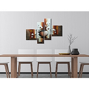 Wieco Art -Stretched and Framed 100% Hand-painted Modern Canvas Wall Art Stretched and Framed Elegant Flowers for Home Decoration Floral Oil Paintings on Canvas 4pcs/set