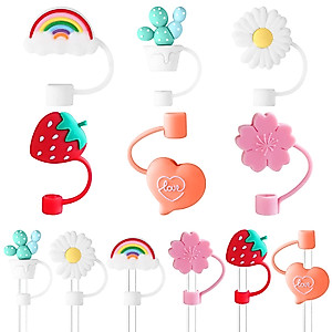 6 PCS Straw Covers Cap with 6 Reusable Drinking Straws,6-8mm Cute Flowers Fruit Straw Toppers for Normal Cup Silicone Straw Tip Covers Kawaii Drinking Dust-Proof Straw Plugs