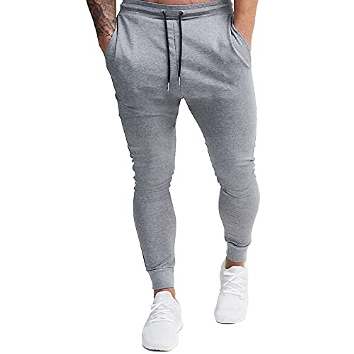 BUXKR Men's Slim Joggers Workout Pants for Gym Running and Bodybuilding Athletic Bottom Sweatpants with Deep Pockets,Light Grey,L
