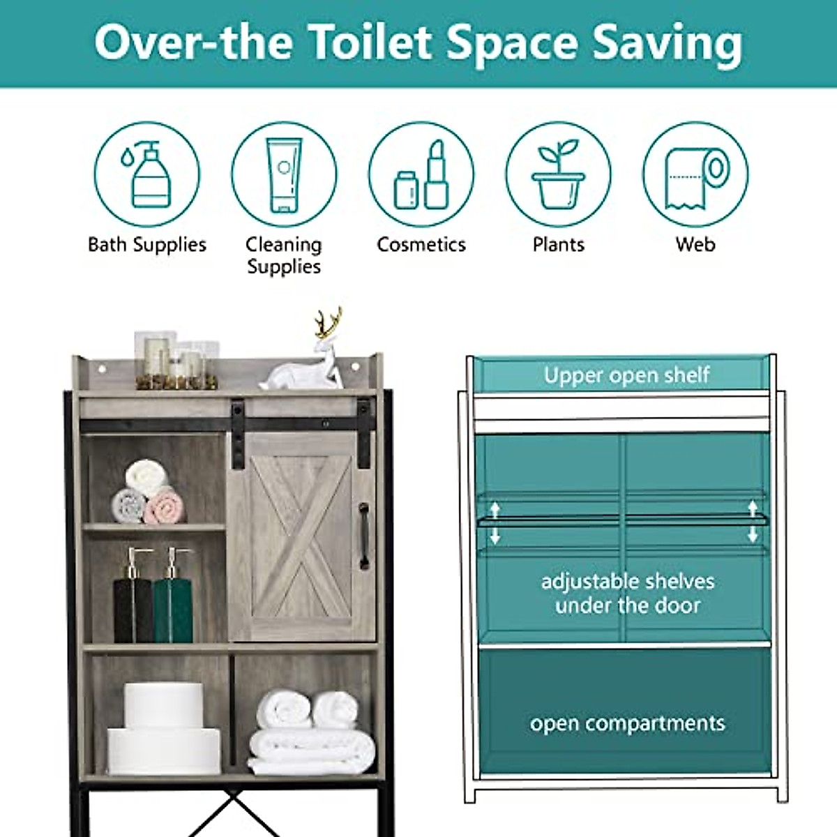 VINGLI Rustic Over-The-Toilet Storage Cabinet, Farmhouse Sliding Barn Door Bathroom Rack Space Saver Oragnizer w/Adjustable Shelves and Steel Frame (Wash Grey)