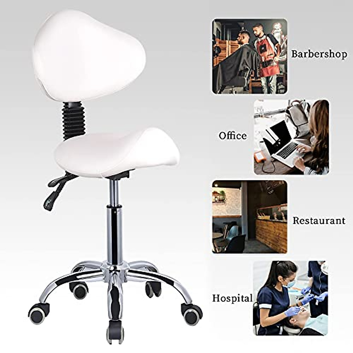 Height Adjustable Saddle Stool with Back Support, Ergonomic Hydraulic Swivel Rolling Chair with Removable Backrest for Beauty Salon Massage Dental Clinic Office, White