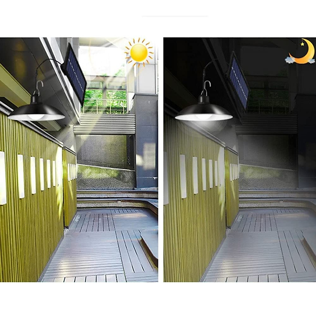 Aolyty Solar Pendant Light with Double Head Shed Light IP65 Waterproof Solar Powered Hanging Light with Remote Control Dimmable for Garden Yard Corridors Walkway Pathway Garage Driveway (Warm Light)