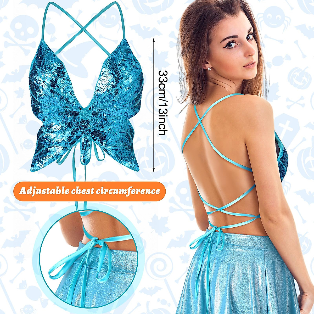 4 Pcs Halloween Woman Club Costume Accessories Wings Shiny Top Skirt Fingerless Gloves for Princess Fairy Cosplay Party(Medium)