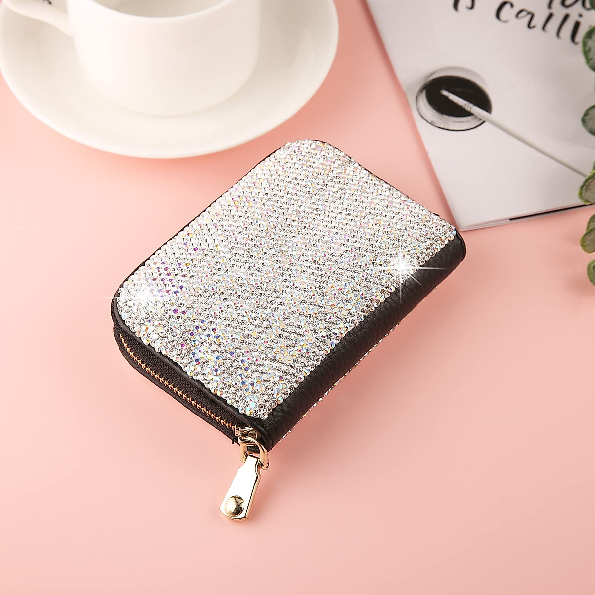 AsAlways RFID Rhinestone Credit Card Holder Multilayer Zipper Case Bling Crystal Slim Small Wallet for Women