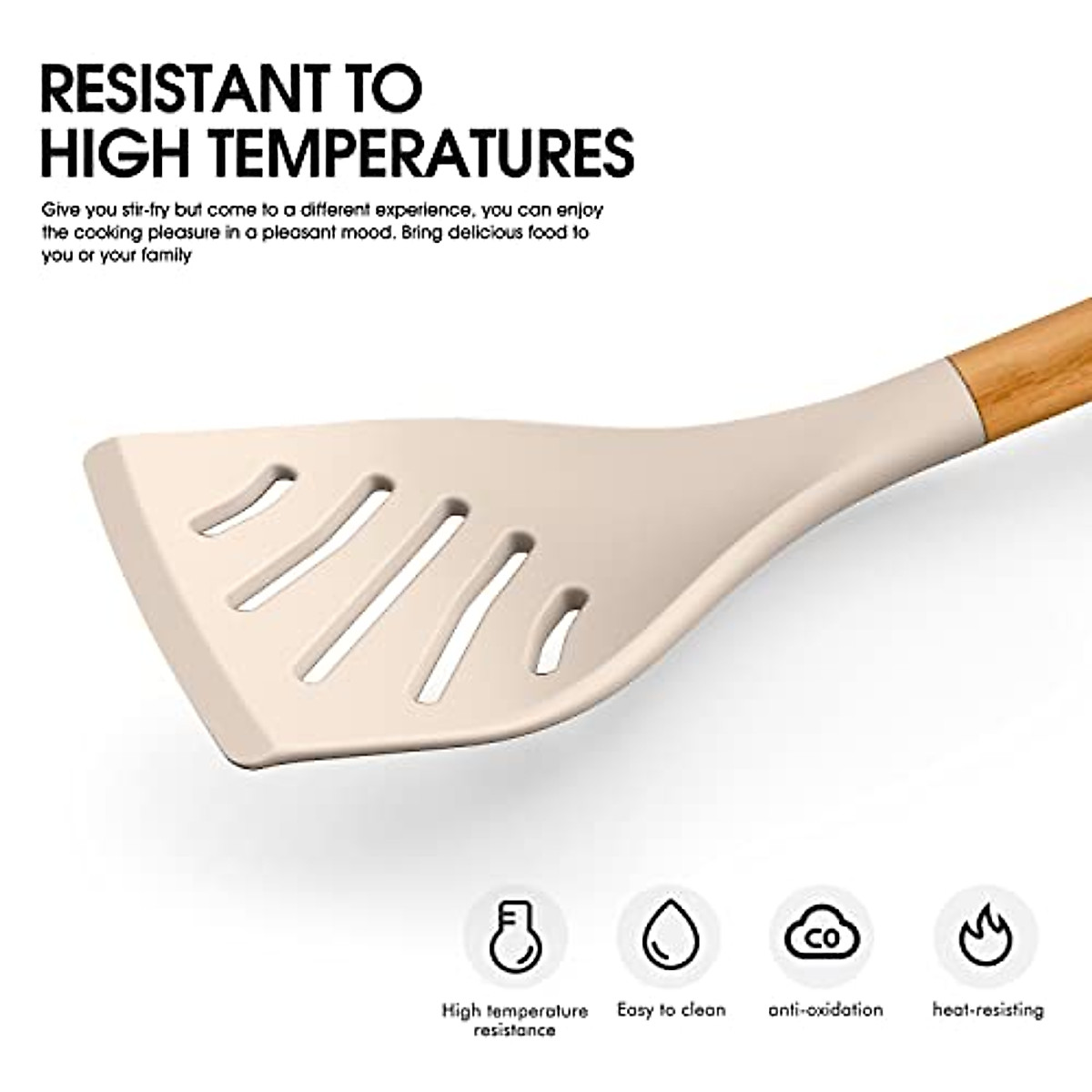 Large Silicone Cooking Utensils Set - Heat Resistant Silicone Utensils for Cooking w Long Wooden Handles, Kitchen Utensil Spatula Set, Kitchen Gadgets for Non-Stick Cookware, BPA Free(Khaki)