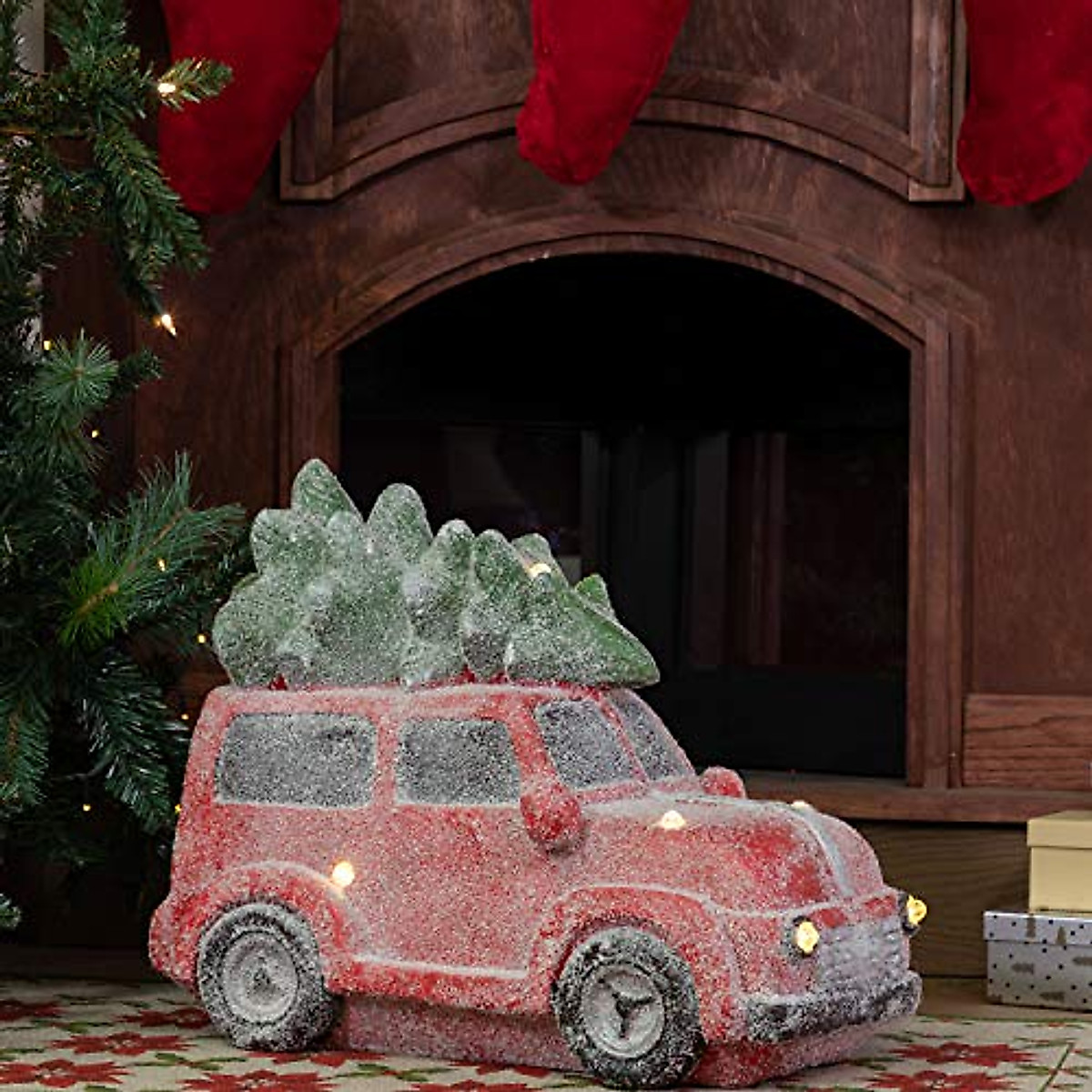 Alpine Corporation QWR916 Alpine Retro Red Car with Christmas Tree, LED Lights, and Music, Indoor Festive Decor for Home Holiday décor, Multi