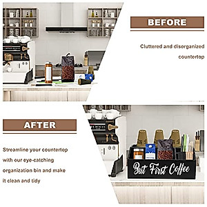 Coffee Station Organizer With 2 Coffee Tea Sign Stickers |Wooden Coffee Bar Bin Box, Farmhouse Coffee Caddy Countertop Decor, Coffee Pod Holder , Wooden Decor for Coffee Lover (Black)