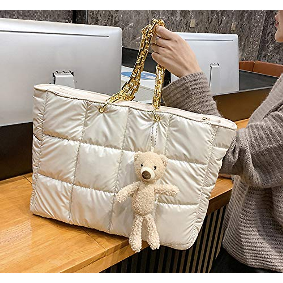 QZUnique Women Shoulder Bags Bread Bear Handbag Underarm Tote Bag Down Large Capacity Tote Handbags