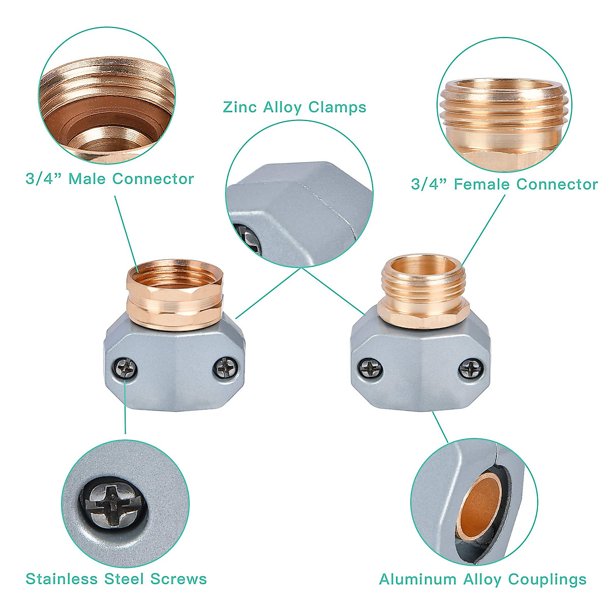 Garden Hose Repair Fitting, 3 Sets Aluminum Mender Female and Male Hose Connector, Fit 5/8-Inch and 3/4-Inch Garden Hose