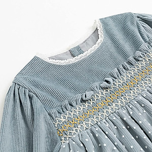 Curipeer Baby Girls Long Sleeve Lace Dress Smock Toddler Velvet Tulle Dress for Autumn and Spring Blue 12 Months