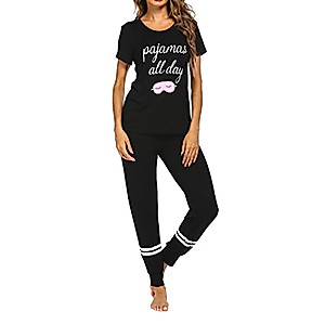 Ekouaer Womens Pajamas Lightweight Pajama Set Short Sleeve Shirts Long Pants Slastic Waist with Drawstring Black Gift for Wife