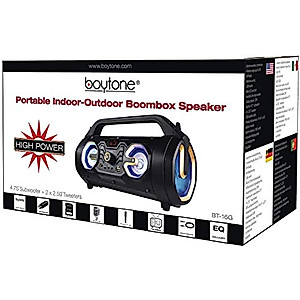 Boytone BT-16G Portable Bluetooth Boombox Speaker, Indoor/Outdoor, 25W, Loud Sound, Deeper Bass, EQ, 5" Subwoofer, 2 x 3 Tweeter, FM, 9H Playtime, USB, Micro SD, AUX, Microphone, Recording, LED Light