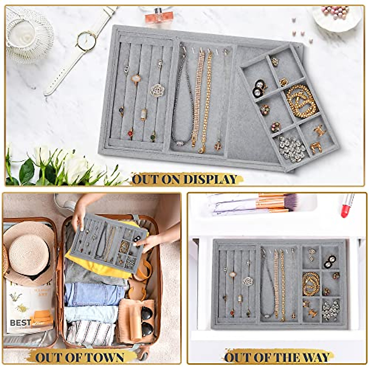 Houseables Jewelry Tray Organizer, Stackable Accessories, Storage, 13.8"x 9.5", Grey, 4 Pcs, Earring Box, Adjustable Drawer Insert, Velvet Ring Holder, Bracelet & Necklace Display, Cufflink Case