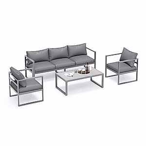Esplorilo Outdoor Aluminum Metal Patio Furniture Set, 4 Piece Patio Conversation Sectional Sofa Sets with 5 Inch Thick Cushion & Coffee Table, Outdoor Couch Furniture for Patio,Backyard,Grey