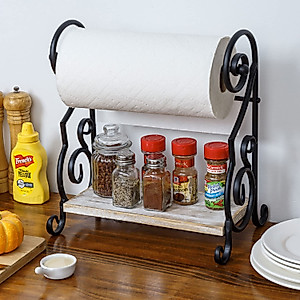 MyGift Black Metal Countertop Paper Towel Holder with Decorative Scrollwork Design and Whitewashed Wood Condiment Rack Storage Display Shelf