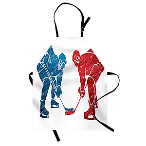 Lunarable Sport Apron, Hockey Players Hobby Activity Themed Athletes Game Win Champion Olympics Illustration, Unisex Kitchen Bib with Adjustable Neck for Cooking Gardening, Adult Size, Blue Red