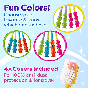 Kids Toothbrush 4 Pack - Soft Bristles with Suction Cup - Toothbrush Kids, Child Sized Brush Heads, 3-10 Year Old Kid Toothbrush with Easy Storage - Toddler, Girl and Boy Set (4-Pack, Multi-Color)
