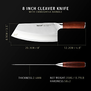 hecef 8 Inch Chinese Cleaver Kitchen Knife, Vegetable Meat Cleaver Chef’s Knife Made of High Carbon Steel & Ergonomic Cuibourtia Handle, Sharp Kitchen Cutlery for Home & Restaurant with Gift Box