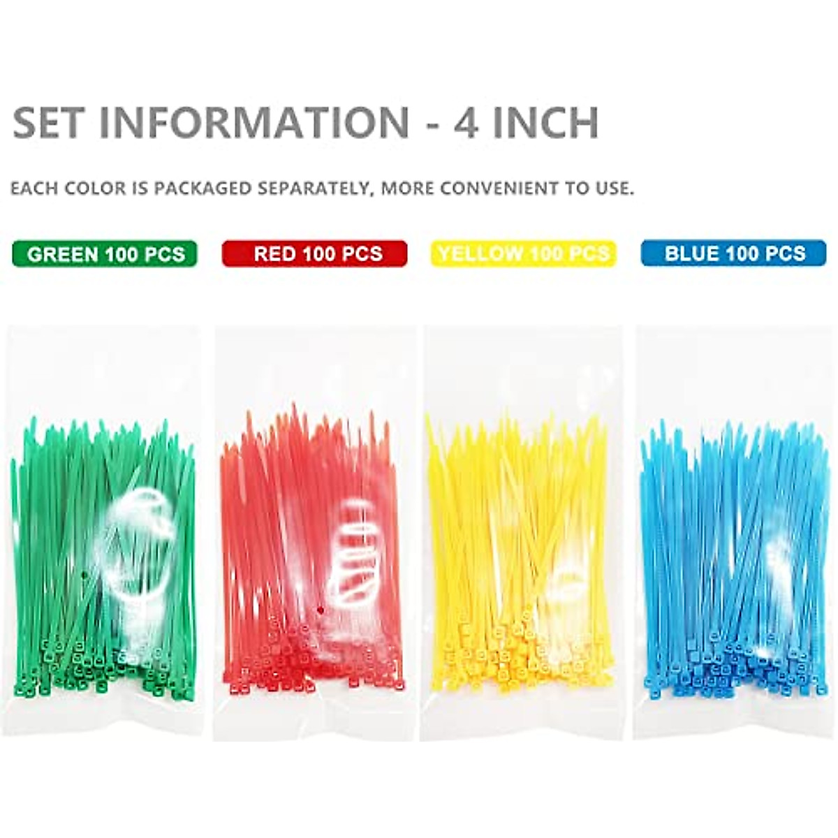 400Pcs Colored Zip Ties 4 Inch Cable Ties, 4/6/8 Inch Optional, Red Yellow Green Blue Small Zip Ties Set - 4 Inch