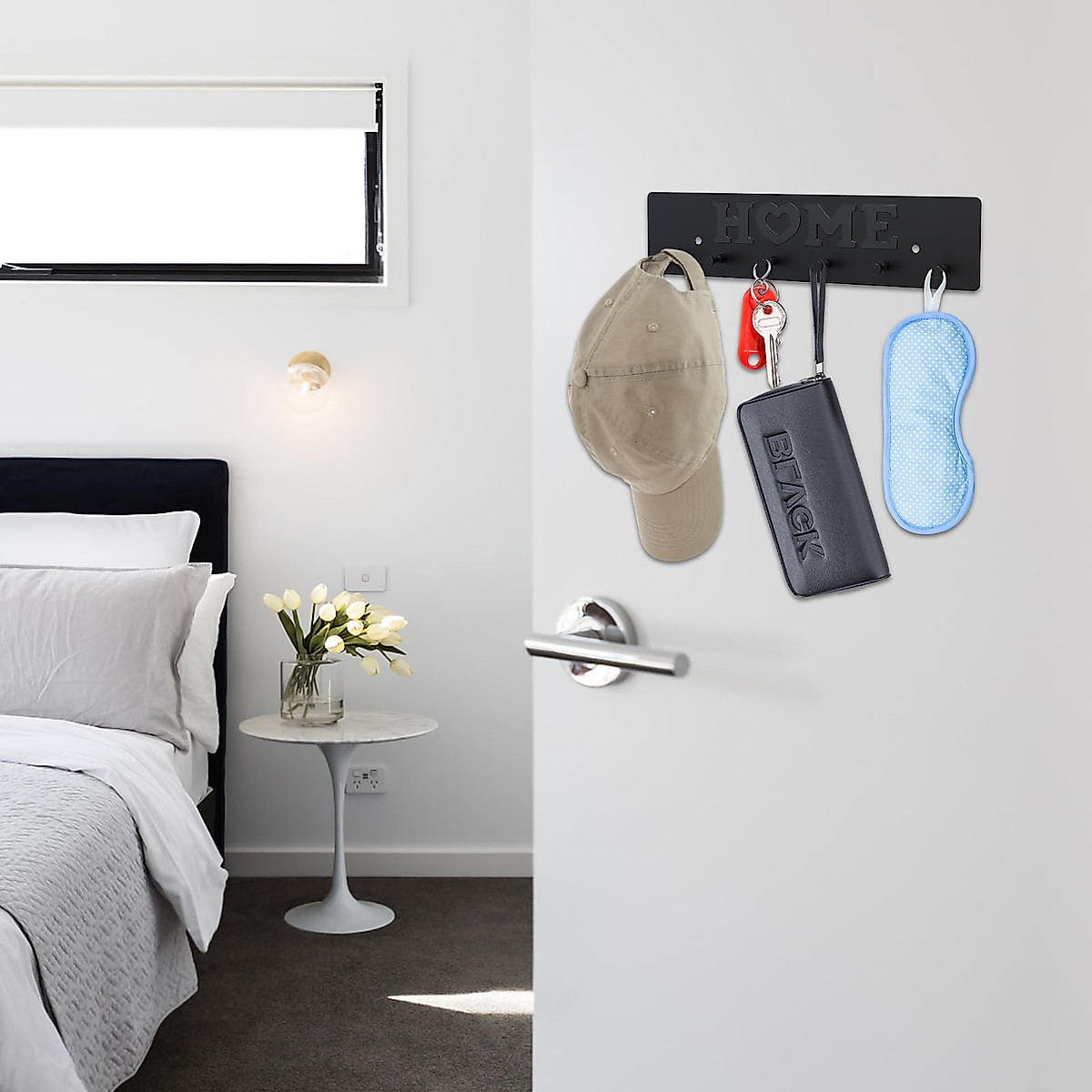 Key Holder Wall Mount, Metal Key Hooks for Wall, Key Hanger with 6 Hooks Keys Rack Organizer Self Adhesive Home Decor for Entryway Front Door Hallway Office, 9.6inch, Matt Black