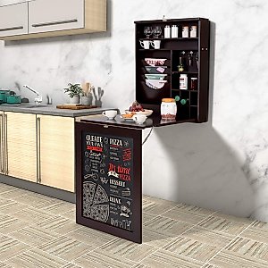 Tangkula Wall Mounted Desk, Floating Desk with Chalkboard, Space Saving Fold Up Wall Convertible Desk, Multi-Function Wall Mounted Table with Storage Shelves & Hooks（No Assembly Required）