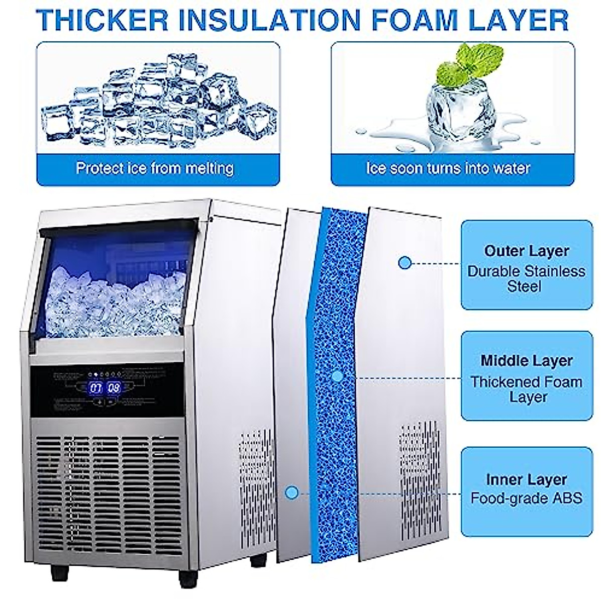 Zomagas Commercial Ice Maker Machine, 80-90LBS/24H Under Counter Ice Maker, Stainless Steel Freestanding Ice Machine with 28LBS Bin, Self-Cleaning, Scoop, Ideal for Home Bar Offices