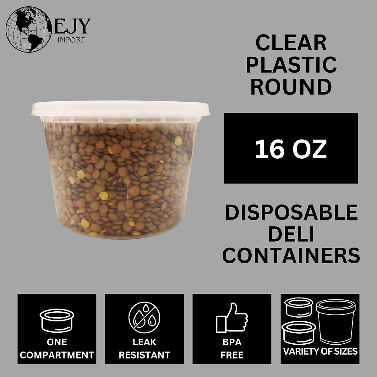 EJY IMPORT Clear Plastic Deli Containers with Lids - Ideal for Soup, Meal Prep & Food Storage, Disposable, Stackable - Safe for Microwave/Dishwasher/Freezer - BPA Free & Leakproof (16 OZ - 48 SETS)