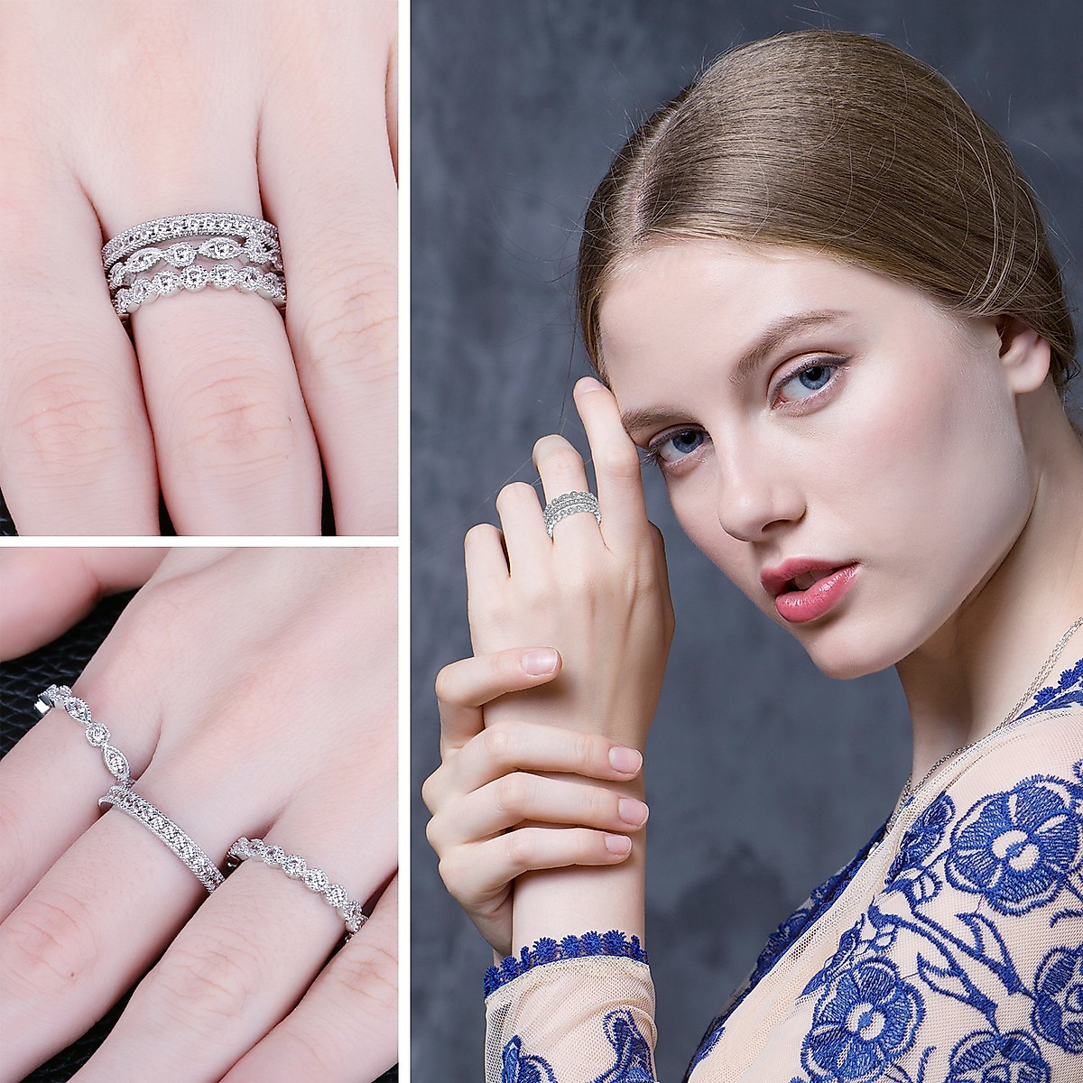 JewelryPalace 14K Gold Plated 925 Sterling Silver Rings for Women, Cubic Zirconia Promise Rings for Her, Stackable Wedding Bands Rings for Women Set Size 7