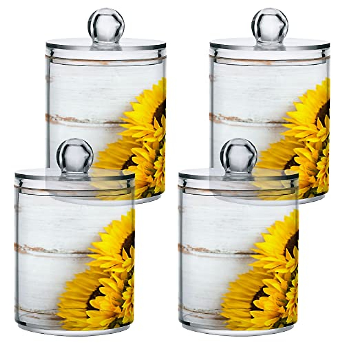 ALAZA Yellow Sunflower Wooden Plank 2 Pack Qtip Holder Dispenser 14 Oz Clear Plastic Apothecary Jar Containers Jars Bathroom for Cotton Swab, Ball, Pads, Floss, Vanity Makeup Organizer