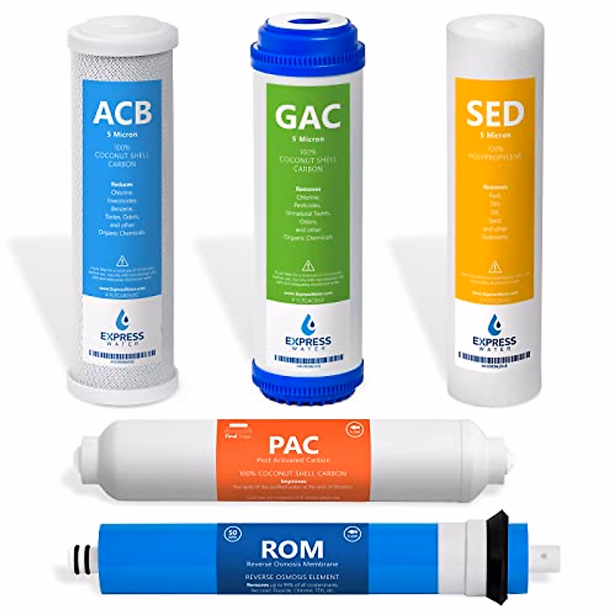 Express Water - CSGIM5 – 6 Months Reverse Osmosis System Replacement Filter Set – 5 Filters with 50 GPD RO Membrane, Carbon GAC, ACB, PAC Filters, Sediment SED Filters – 10 inch Size Water Filters
