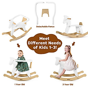 Belleur Wooden Rocking Horse for Toddler 1-3 Year Old, Baby Wood Ride-on Toys with Removable Fence for Indoor & Outdoor Activities, Boys & Girls Rocking Animal for Birthday Pink
