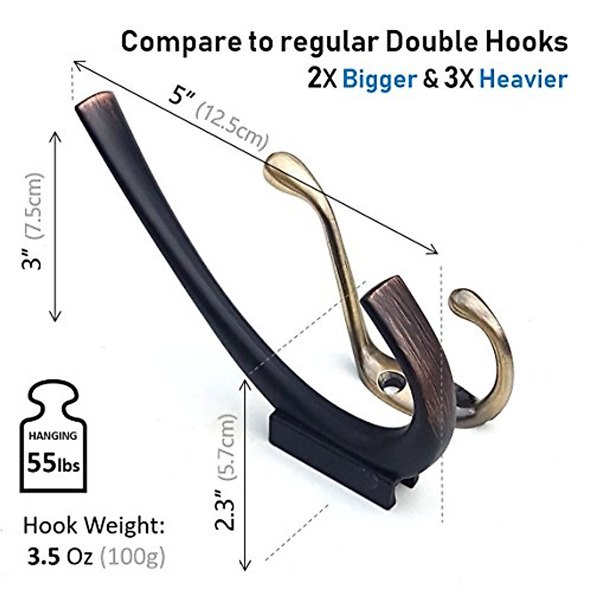 Ambipolar 5 Pack Premium Design Commander Heavy Duty Big Double Hooks Hidden Screws. Entryway Coat Hooks, Scarf and Jacket Hangers.Perfect Bath Towel Heavy Hooks (5 Pack,Oil Rubbed Bronze)