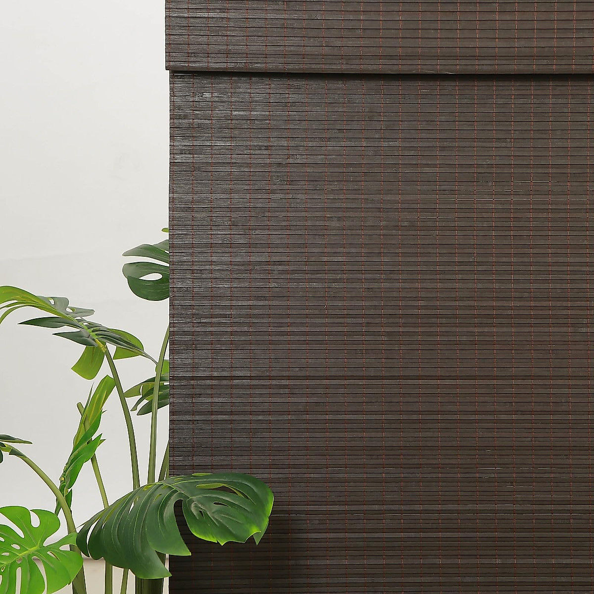 Comzone Blinds Cordless Blackout Bamboo Roman Shades, Easy Installation Natural Bamboo Woven Wood Window Shades, Custom Privacy Lined Bamboo Blinds with 6 Inches High Valance for Windows, Espresso