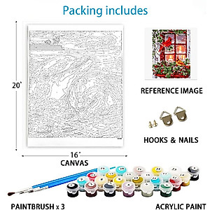 Eiazuiks Paint by Number for Adults. Christmas Paint by Numbers for Adults Beginner Drawing Paintwork with 3 Paintbrushes Paint Canvas Oil Painting Windowsill 16” x 20”