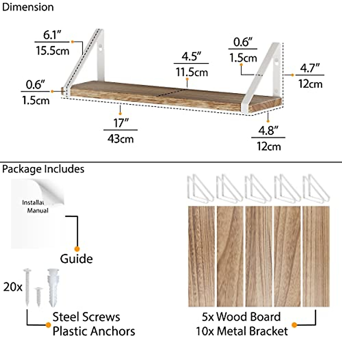Wallniture Ponza Floating Bookshelves, Burnt 17"x4.5" Floating Shelves for Wall Storage, Set of 5 Wood Shelves for Bedroom, Bathroom, Kitchen, Living Room Decor