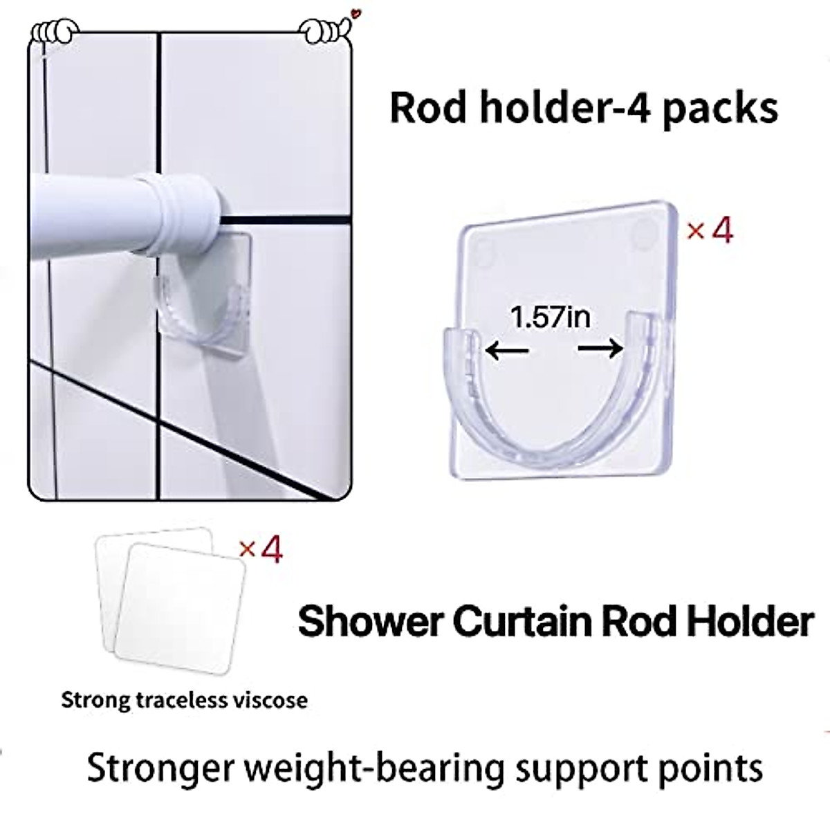 Adhesive Shower Curtain Rod Holder No Drilling,Set of 4,No Slippage Wall Mount Retainer of Shower Rods for Bathroom(Shower Curtain Rod Not Included)