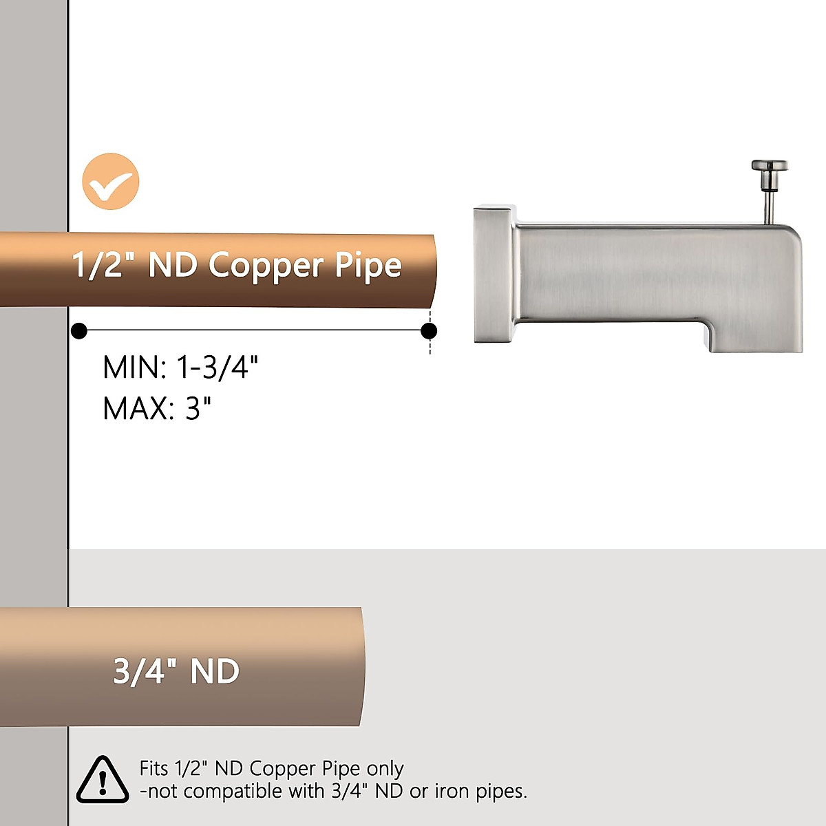 YASINU Slip On Diverter Tub Spout, Sleek Square Design for Bathroom, Fits 1/2" Copper Pipe (5/8" OD), Child-Safe Rounded Edges, Easy Installation, Brushed Nickel