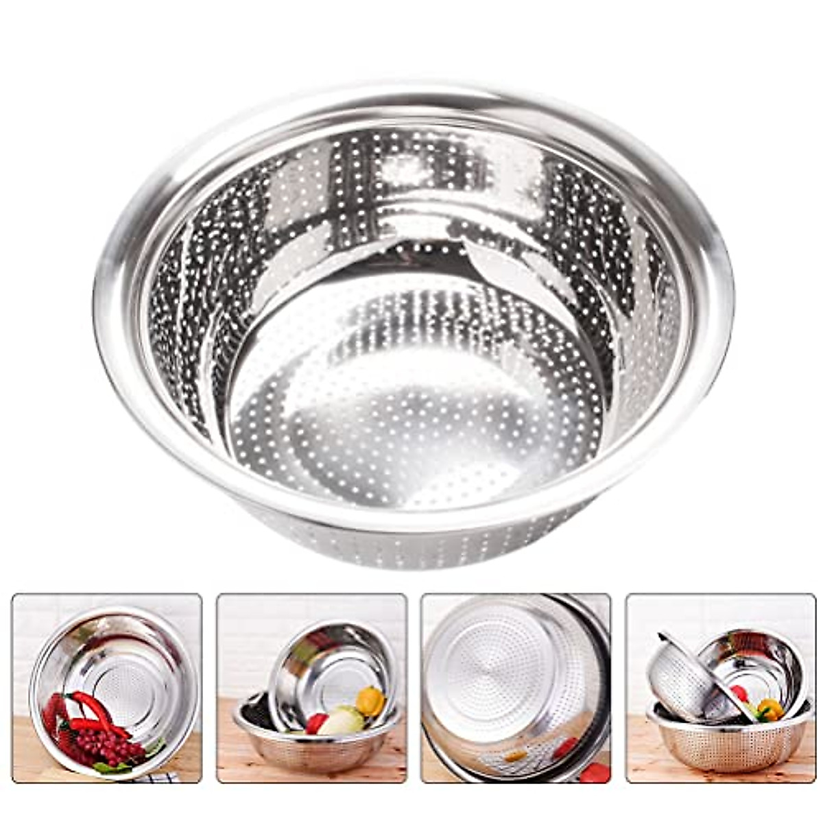 Hemoton Stainless Steel Rice Washing Bowl Kitchen Strainer Colander Bowl Fruit Vegetable Washing Basket for Rice Food Pasta Colander Drain Basket (Silver)