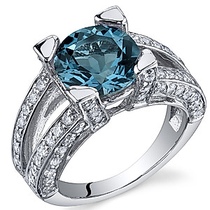 PEORA London Blue Topaz Ring in Sterling Silver, Natural Gemstone, Vintage Antique Design, Round Shape, 9mm, 3.25 Carats total, Comfort Fit, Size 6