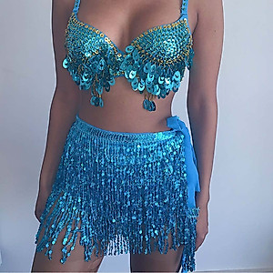 Kakaco Women Belly Dance Skirt Sequin Fringe Skirts Sparkly Hip Scarf Skirt Fashion Party Skirt Costume (G-Blue)