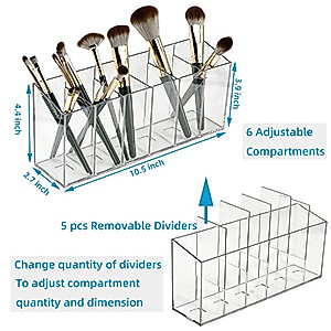 YCLADEC Pen Holder Makeup Brush Holder 6 Compartments Organizer with Removable Dividers for Desk Cosmetic Storage Office Accessory Bathroom Kitchen Desktop Pencil Cup Stationery Organization Clear