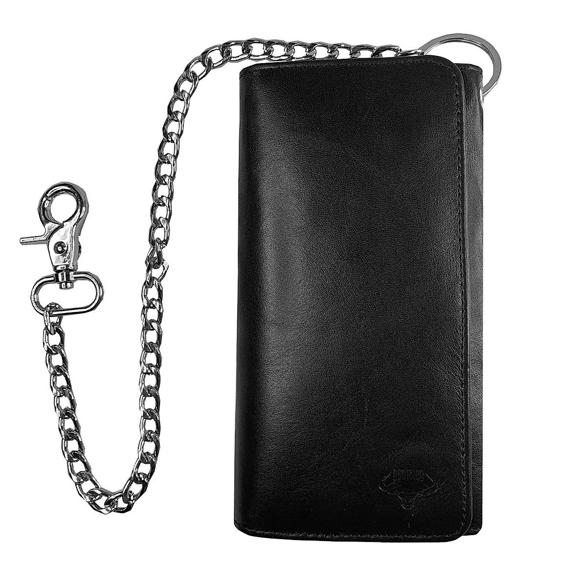 IBRO Motorcycle Chain Wallet for Men – 100% Natural Genuine Leather, Long Trifold RFID Blocking, Credit Card Money Organizer - Men’s Trucker Biker Metal Chain Wallets Black