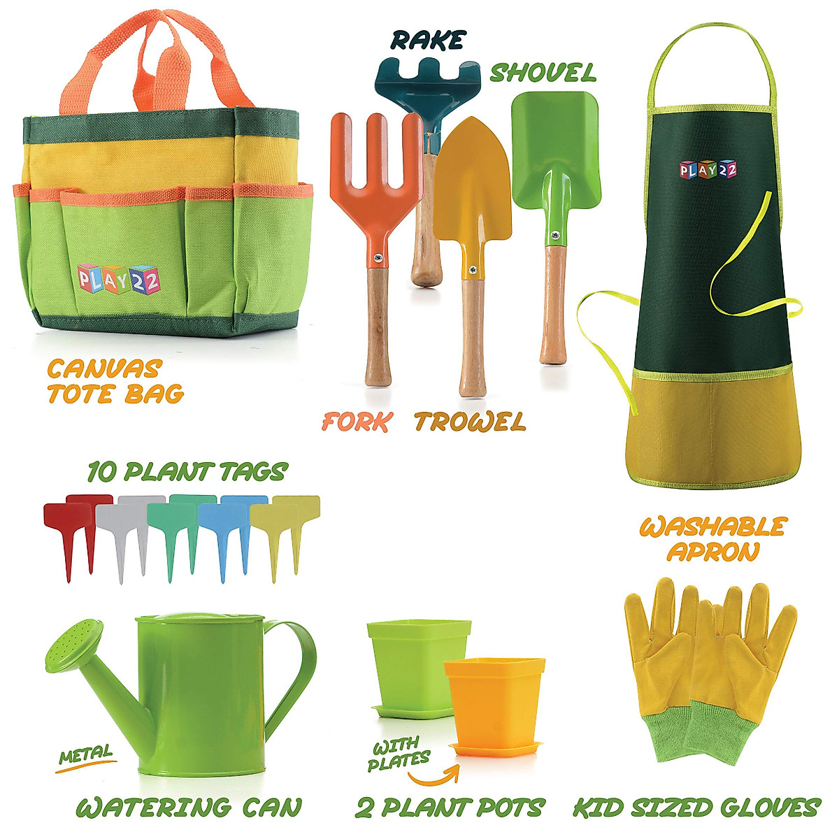 Play22 Kids Gardening Tool Set 12 PCS - Kids Gardening Tools Shovel Rake Fork Trowel Apron Gloves Watering Can and Tote Bag, Toddler Gardening Tools for Kids Best Outdoor Toys Gift for Boys and Girls