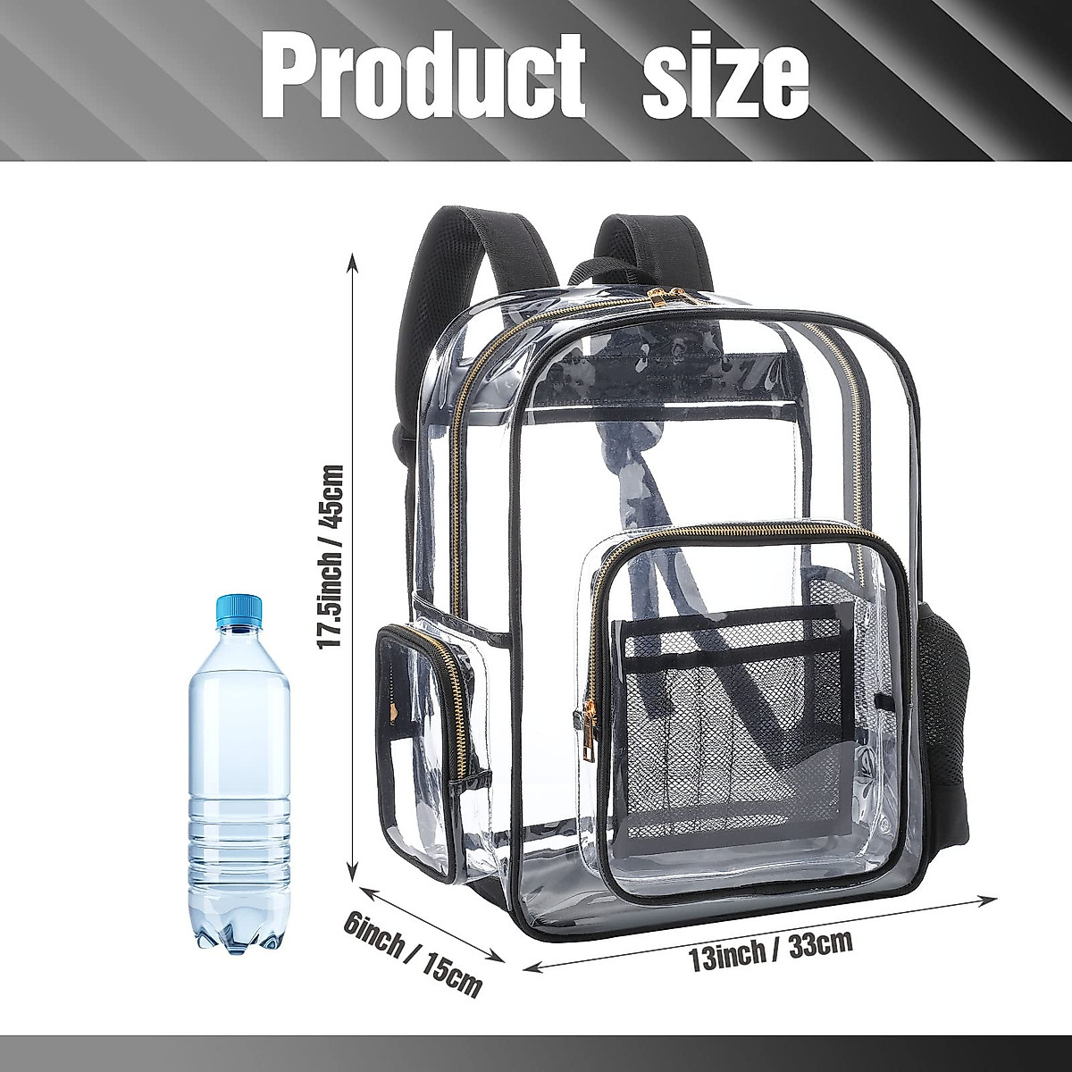 Large Clear Backpack Heavy Duty PVC Plastic Backpack Transparent Book Bag See Through Work Bag for Stadium, School, Travel, College (Black)