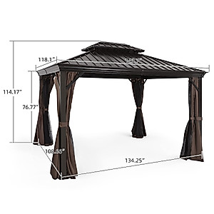 BACKYADOOR 10x12 Gazebo, Outdoor Hardtop Gazebo with Mosquito Netting and Curtains, Hard Top Metal Gazebo for Backyard, Deck, Poolside （Brown）