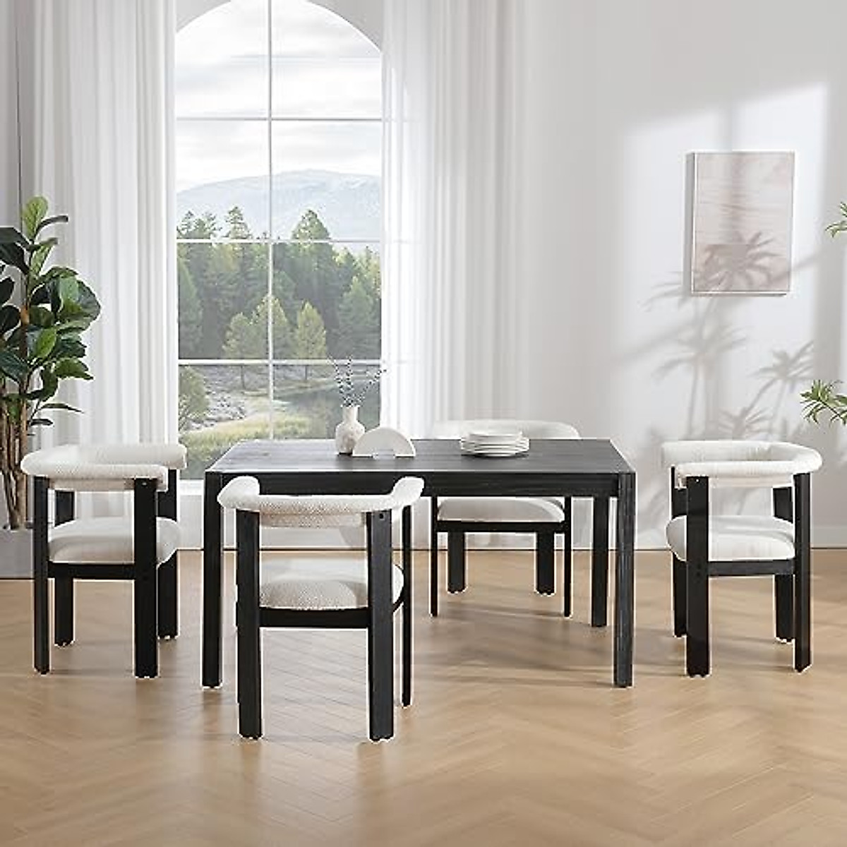 Wahson Set of 4 Mid Century Modern Upholstered Barrel Dining Chairs, Farmhouse Accent Dining Kitchen Chair with Boucle/Sherpa Upholstery and Black Wood Legs, White