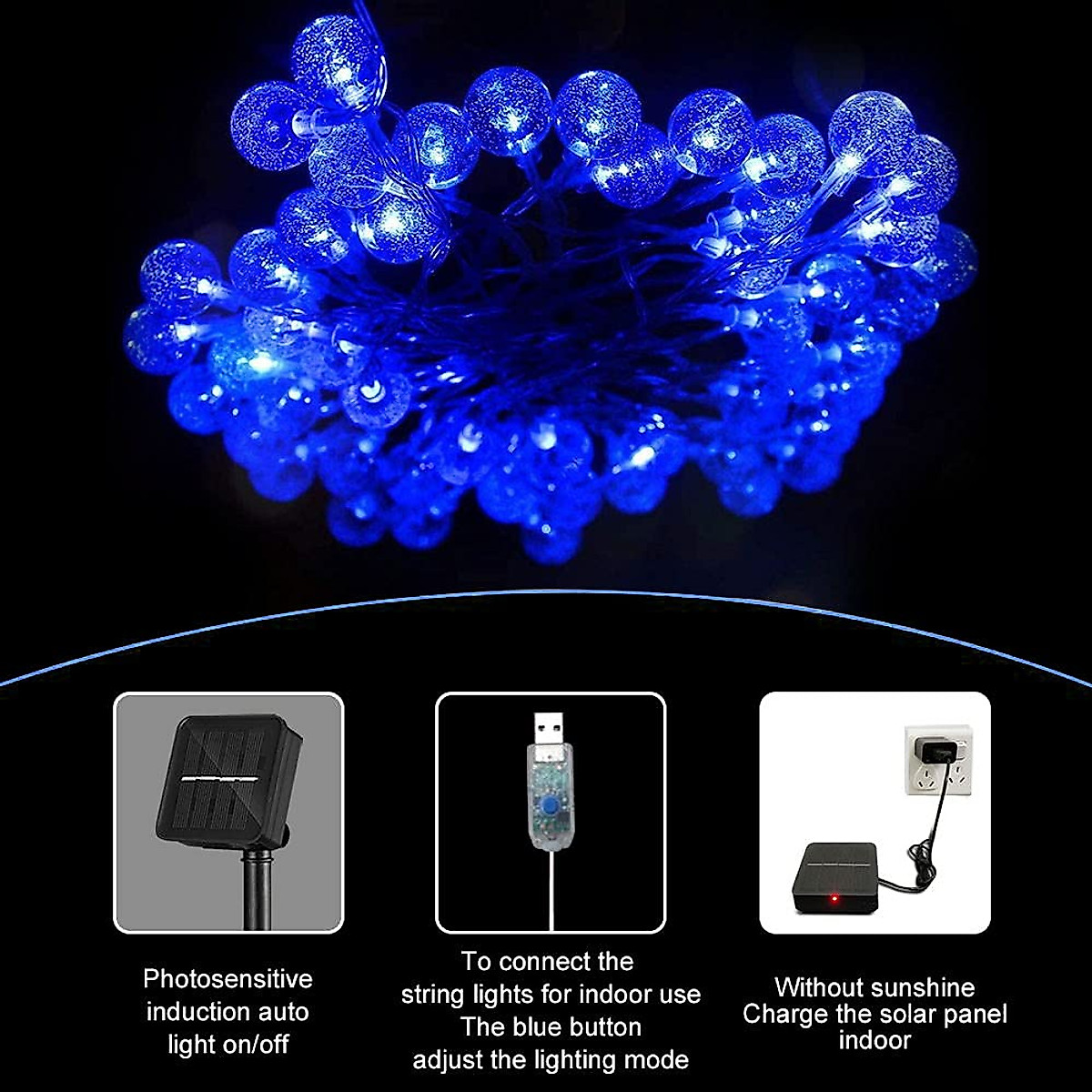 YZIXNUY Solar String Lights Outdoor Waterproof, 30.2FT 60 LED Crystal Globe Fairy Lights Solar Powered& USB Plug-in Powered with 8 Lighting Modes for Indoor Outdoor Party Home Backyard Wedding (Blue)