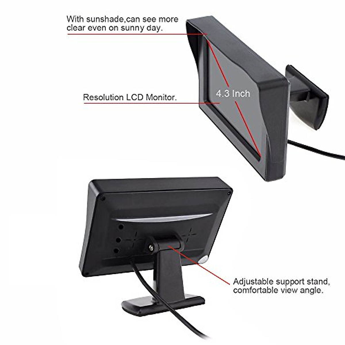 B-Qtech 4.3 inch Color TFT LCD Display Backup Camera Monitor only Rear View Reverse Camera Display for Car SUV Van Truck(Power Supply: DC 12V)