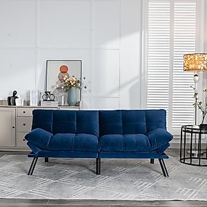 70.87" Velvet Futon Sofa Bed, Modern Convertible Sleeper Sofa Couch with Adjustable Backrest and Armrests, Tufted Loveseat Sofa with Metal Legs for Living Room, Bedroom, Apartment, Navy Blue