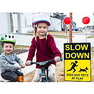 CORQUE Kids at Play Safety Signs for Street, Slow Down & Caution Warning - 2 Pack Double Sided with High Visibility Reflectors & Adjustable Metal Stakes Set - Children Playing Yard Road Visual Signal